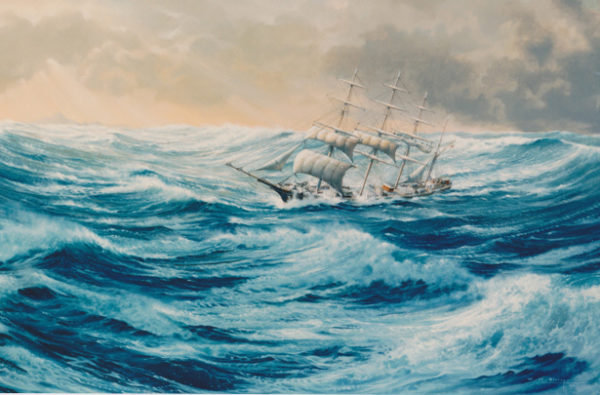 A four masted barque shortening sail off Cape Horn. » Bishop Marine Art