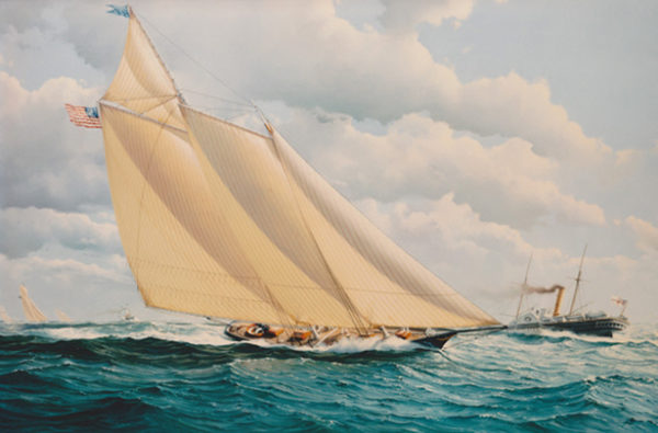The Schooner America passing HMS Rattler » Bishop Marine Art